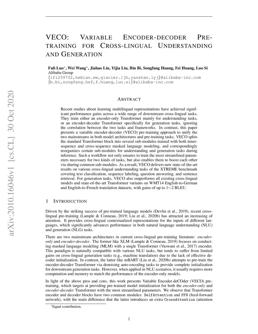VECO: Variable Encoder-decoder Pre-training for Cross-lingual ...