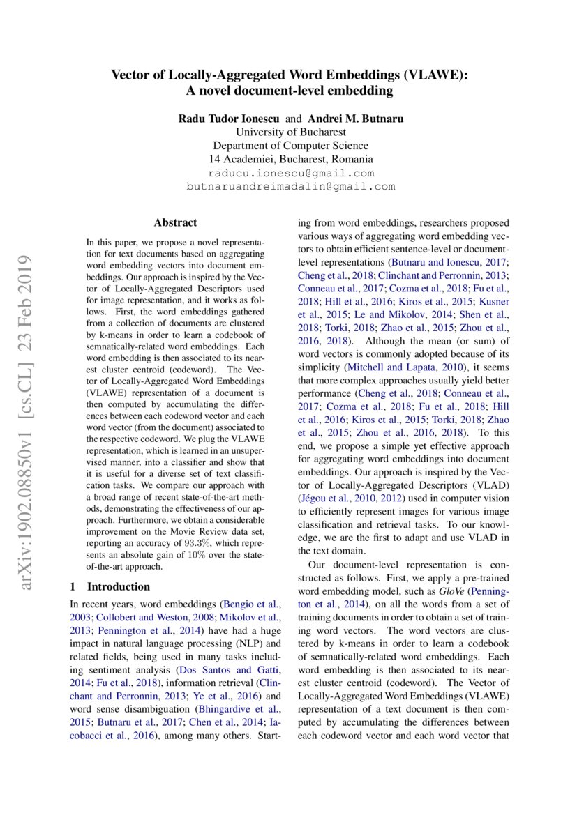 Vector Of Locally Aggregated Word Embeddings Vlawe A Novel Document Level Embedding Deepai