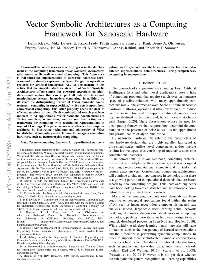 Vector Symbolic Architectures As A Computing Framework For Nanoscale 0514