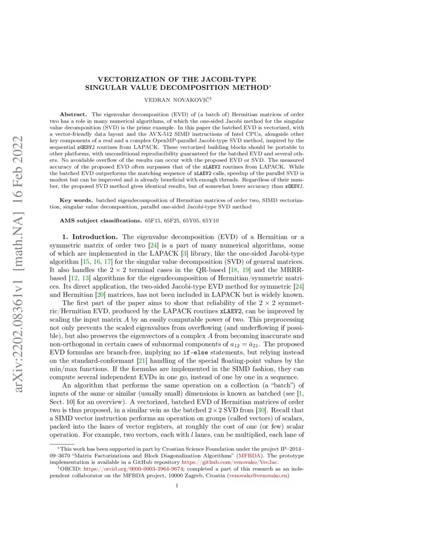 Vectorization Of A Thread Parallel Jacobi Singular Value Decomposition Method Deepai
