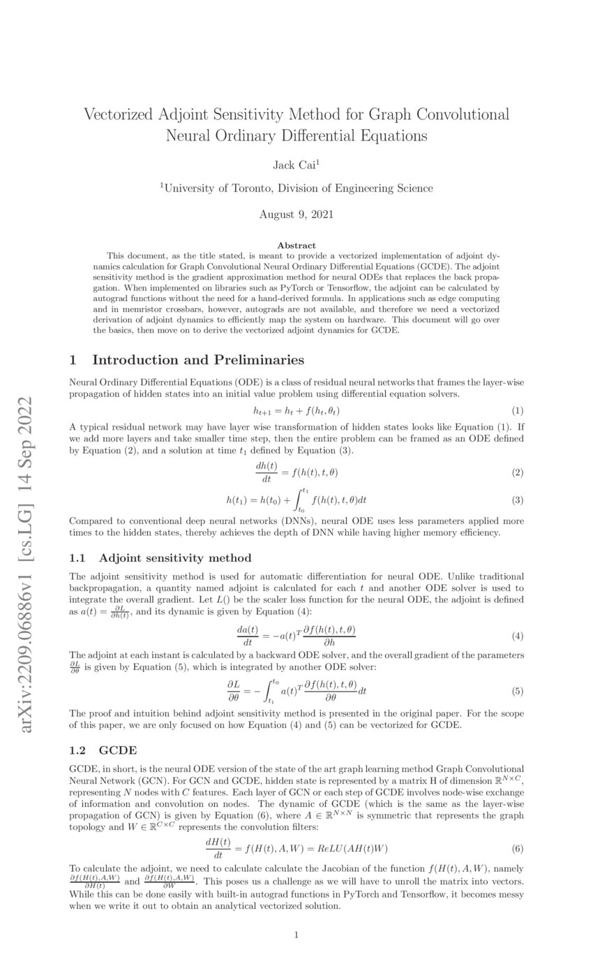 Vectorized Adjoint Sensitivity Method For Graph Convolutional Neural Ordinary Differential 