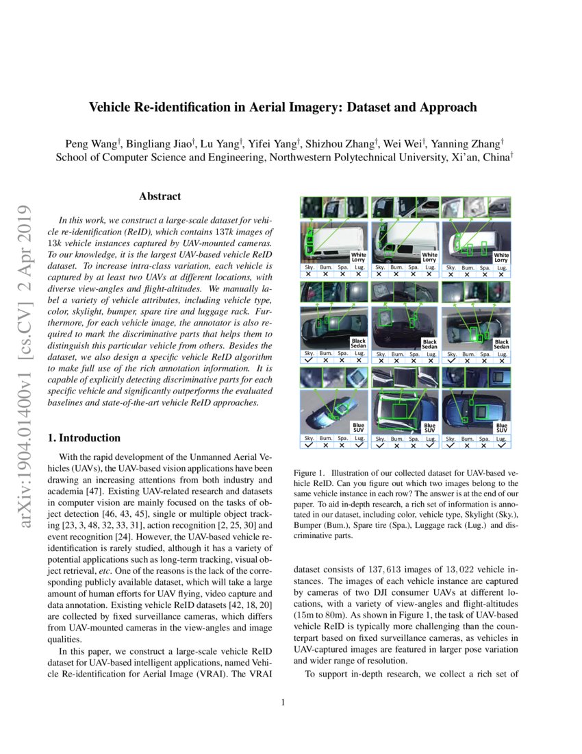 Vehicle Re-identification in Aerial Imagery: Dataset and Approach | DeepAI