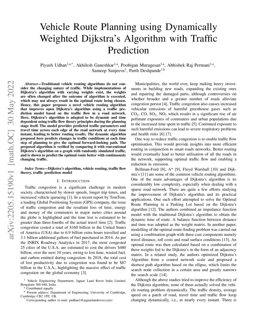 Vehicle Route Planning using Dynamically Weighted Dijkstra's Algorithm ...