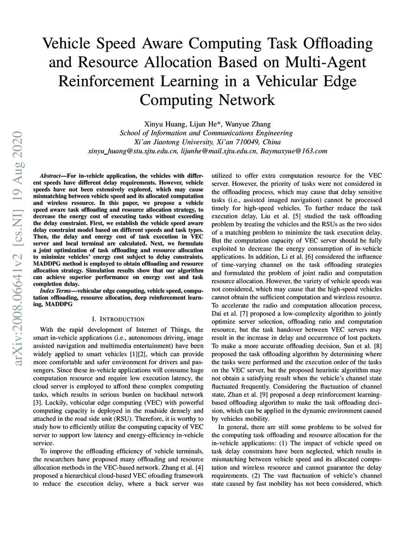 Vehicle Speed Aware Computing Task Offloading And Resource Allocation Based On Multi Agent
