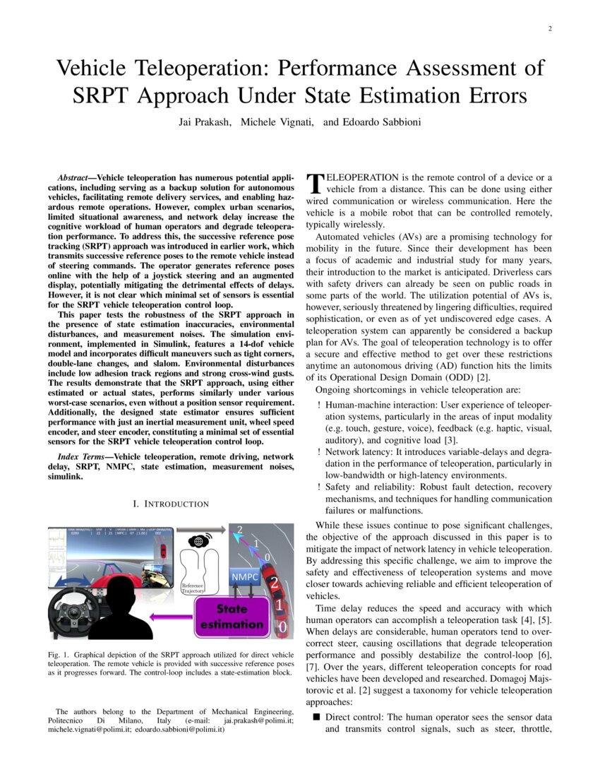 Vehicle Teleoperation Performance Assessment Of Srpt Approach Under State Estimation Errors