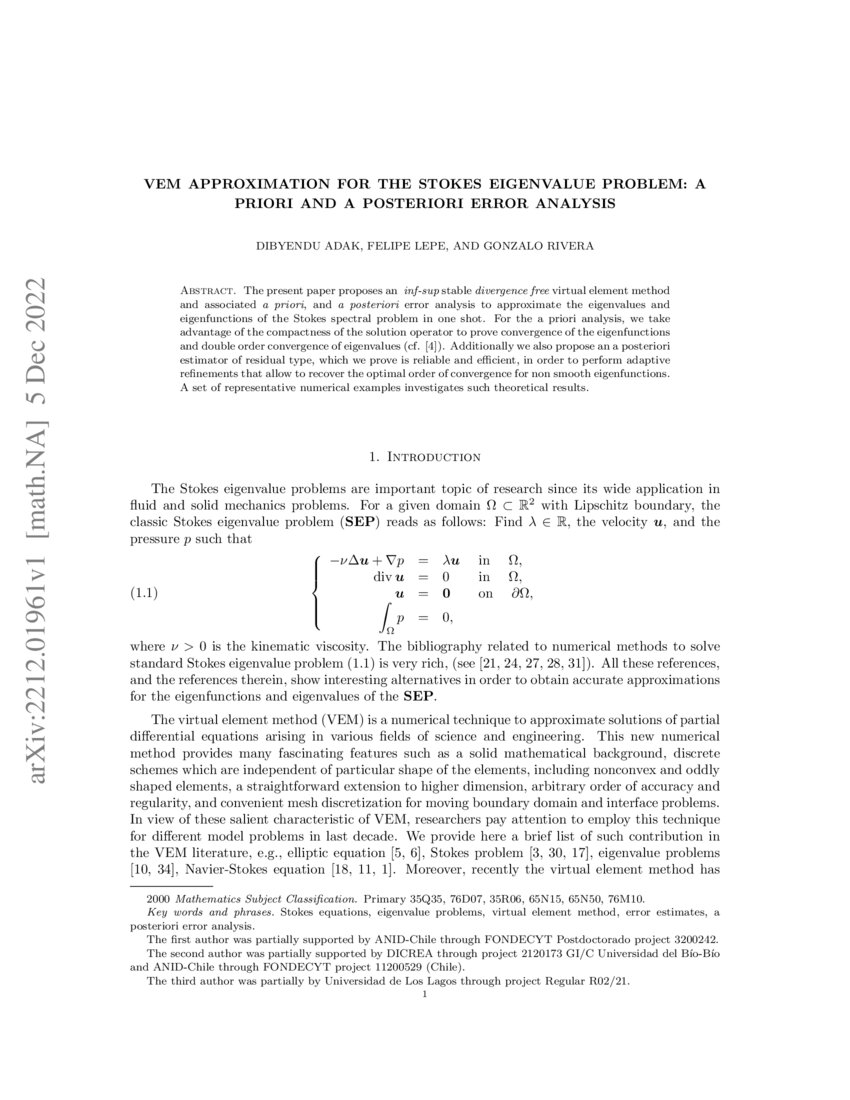 Vem Approximation For The Stokes Eigenvalue Problem A Priori And A Posteriori Error Analysis