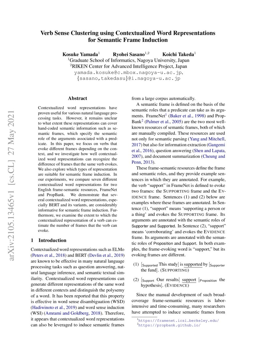 Verb Sense Clustering using Contextualized Word Representations for Semantic Frame Induction ...