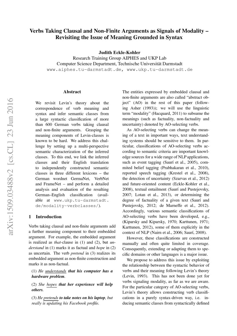 Verbs Taking Clausal And Non Finite Arguments As Signals Of Modality Revisiting The Issue Of
