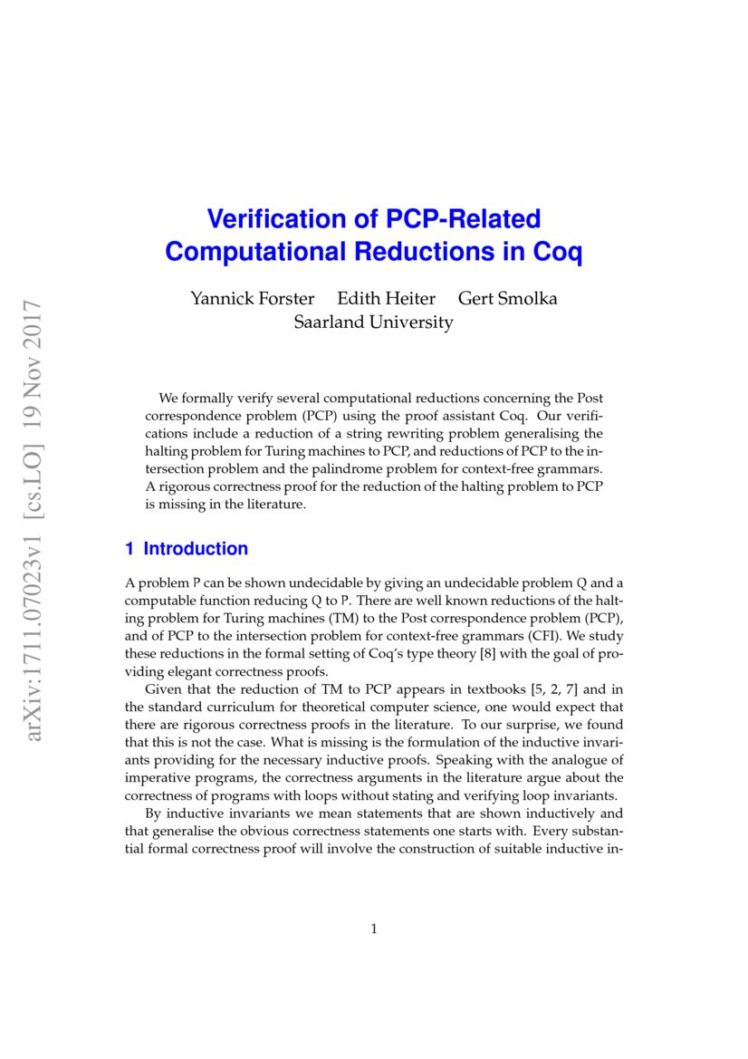 Verification Of Pcp Related Computational Reductions In Coq Deepai 