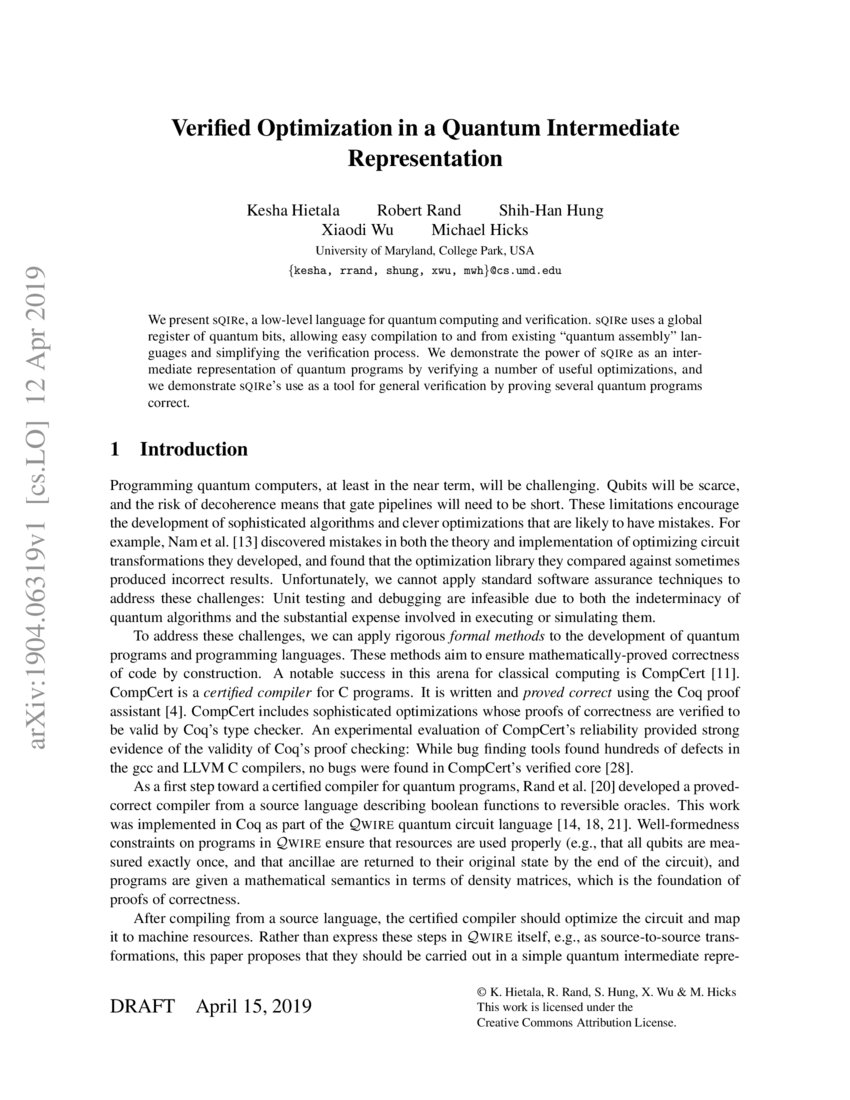 Verified Optimization In A Quantum Intermediate Representation Deepai