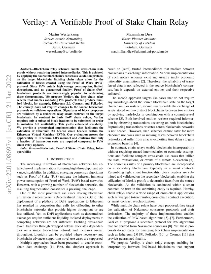 Verilay: A Verifiable Proof of Stake Chain Relay | DeepAI