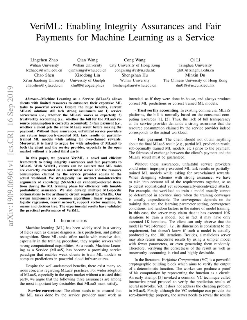 VeriML: Enabling Integrity Assurances and Fair Payments for Machine Learning as a Service | DeepAI