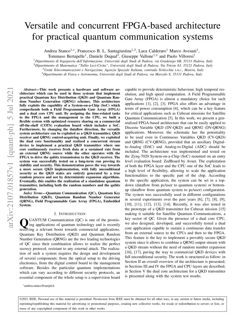 Versatile And Concurrent Fpga Based Architecture For Practical Quantum Communication Systems