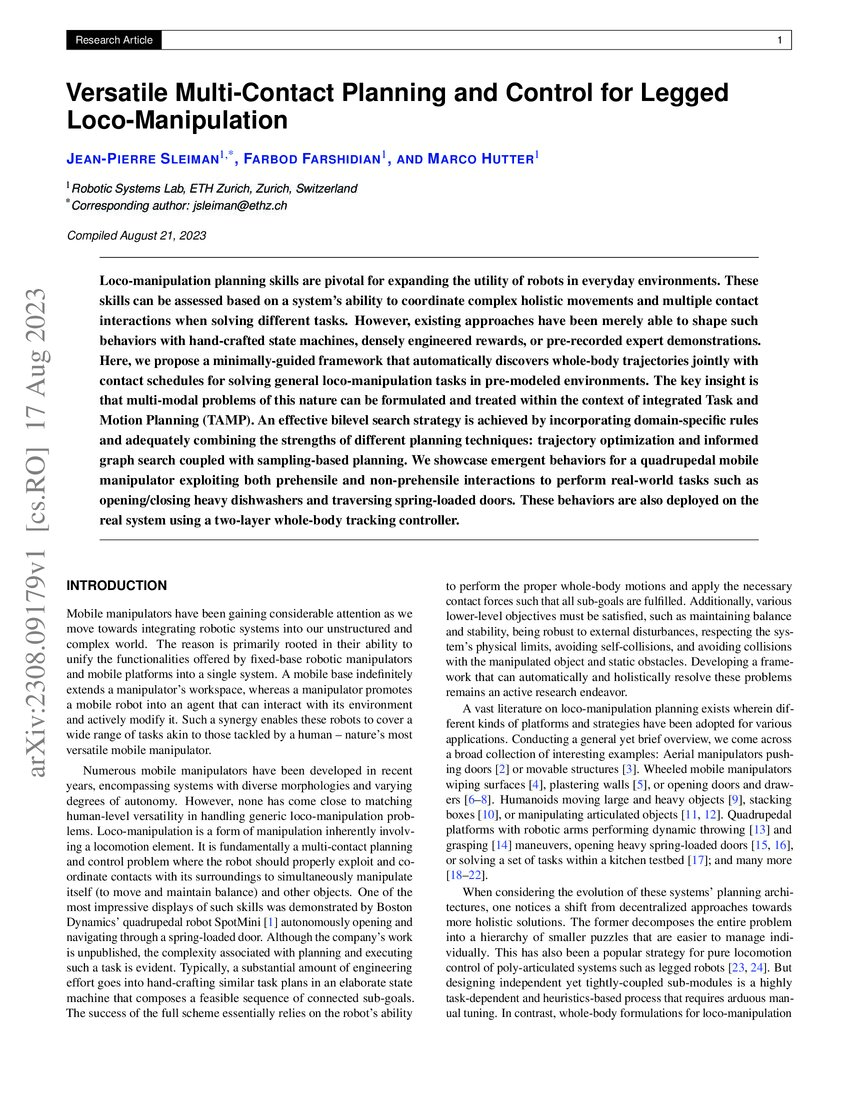 Versatile Multi-Contact Planning and Control for Legged Loco-Manipulation | DeepAI