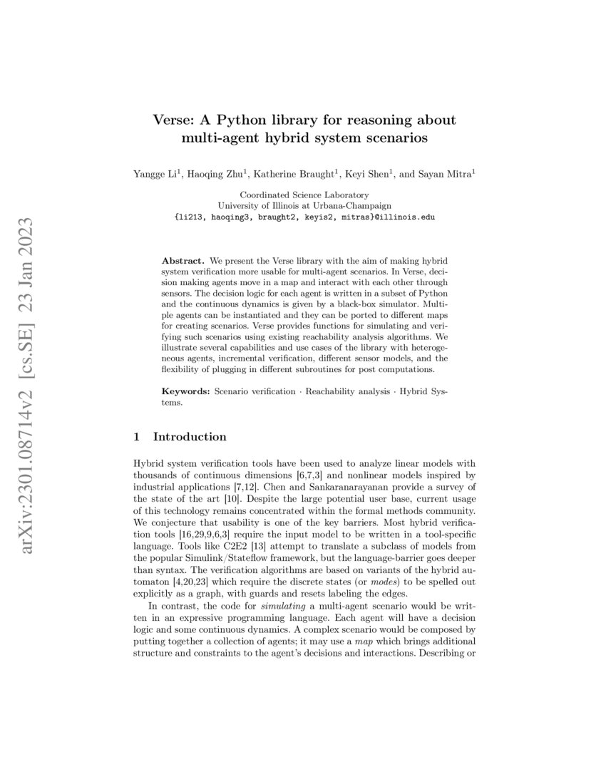 Verse A Python Library For Reasoning About Multi Agent Hybrid System Scenarios Deepai 