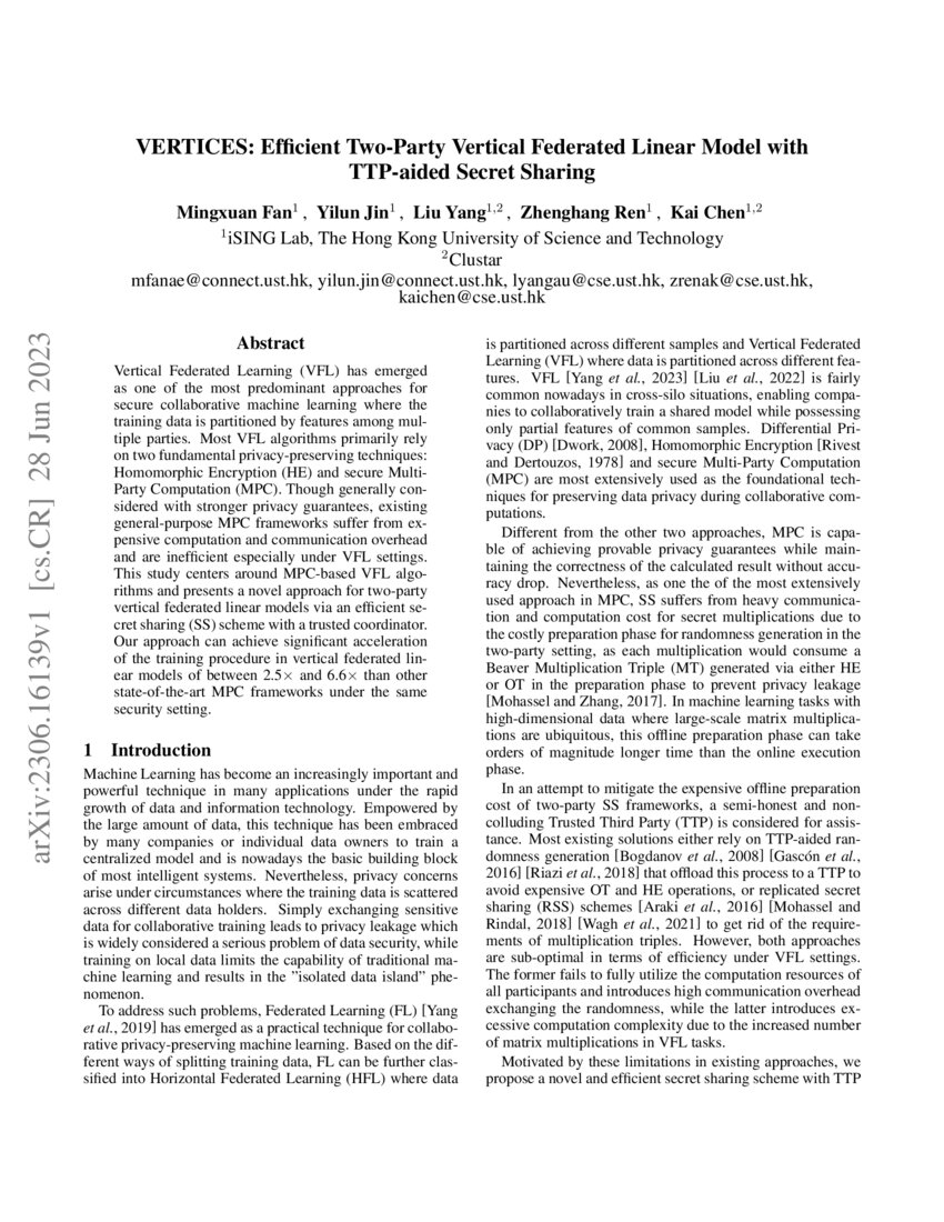 Vertices Efficient Two Party Vertical Federated Linear Model With Ttp