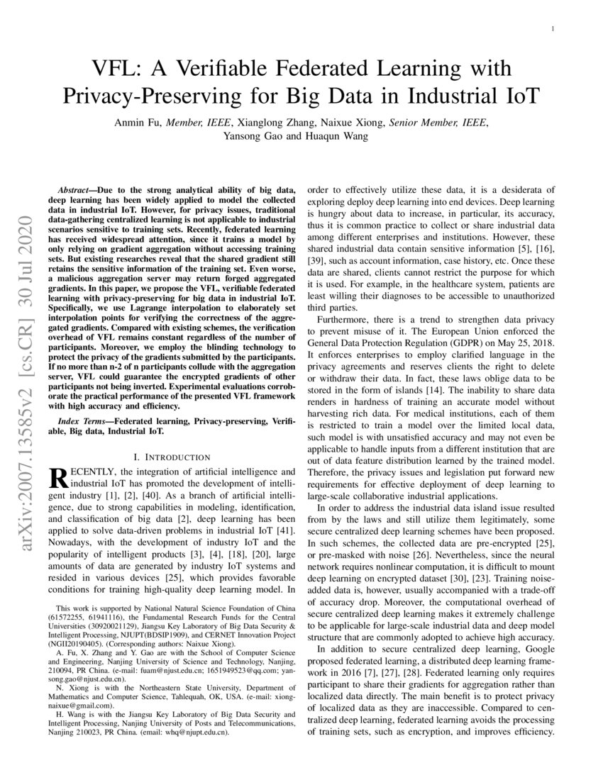 VFL: A Verifiable Federated Learning with Privacy-Preserving for Big ...