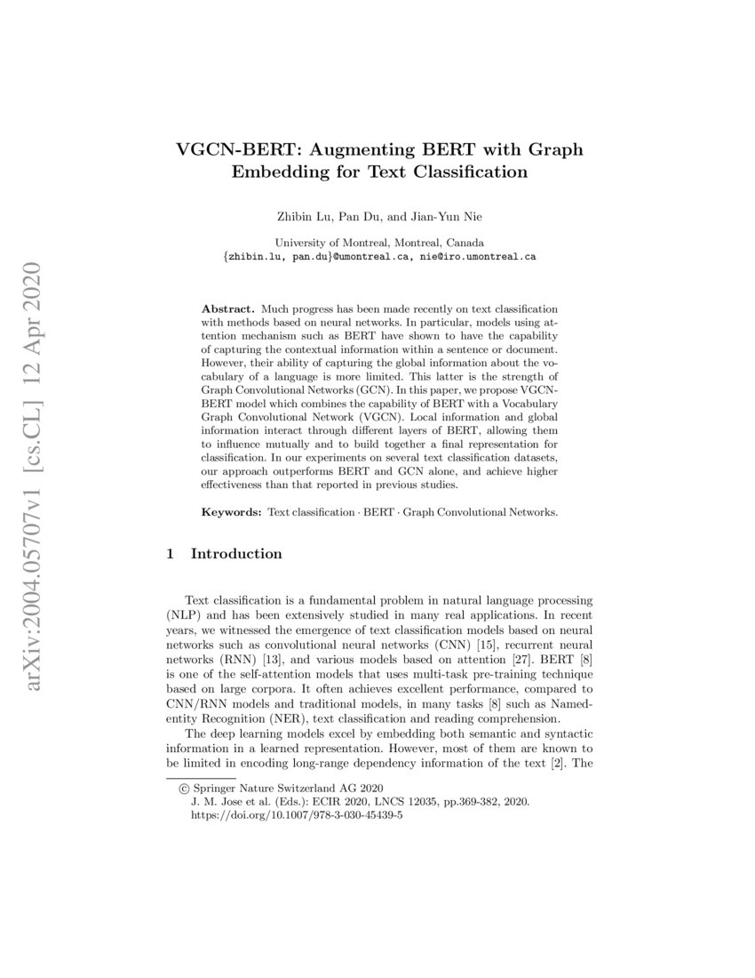 VGCN-BERT: Augmenting BERT with Graph Embedding for Text Classification ... VGCN-BERT: Augmenting BERT with Graph Embedding for Text Classification ...