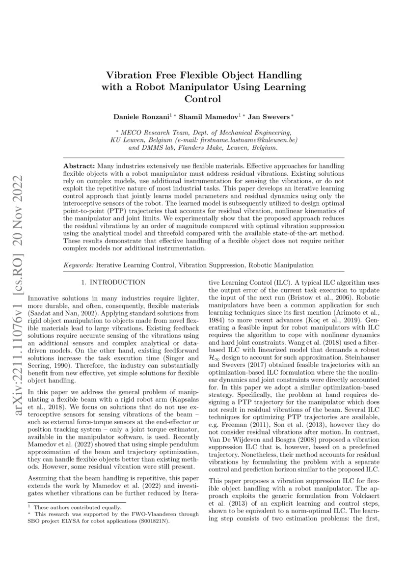 Vibration Free Flexible Object Handling With A Robot Manipulator Using