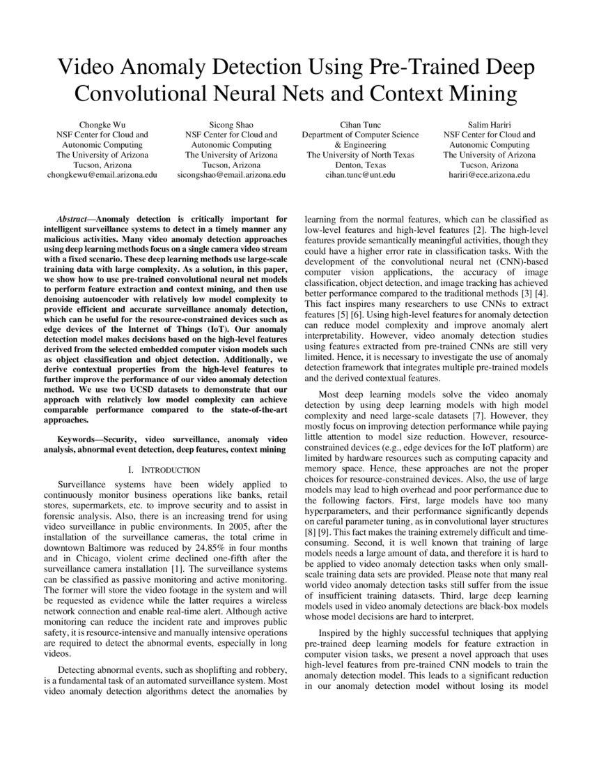 Video Anomaly Detection Using Pre Trained Deep Convolutional Neural Nets And Context Mining Deepai