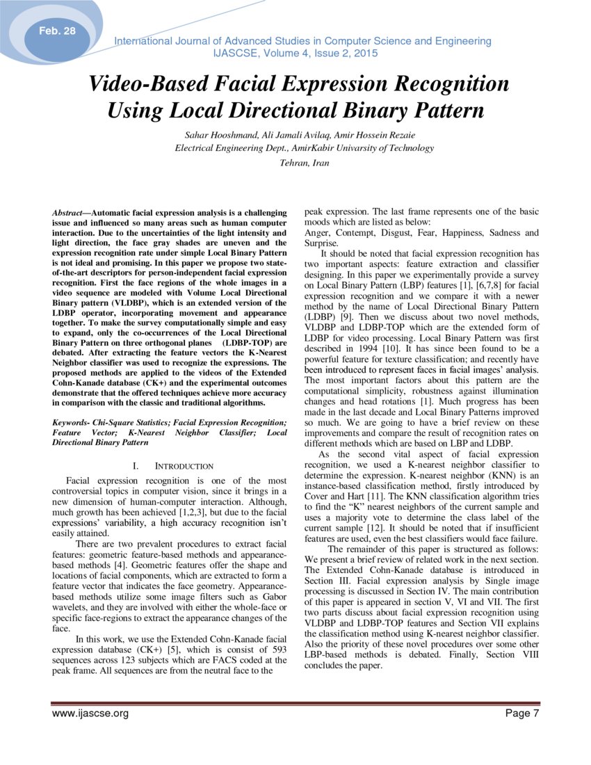 Video Based Facial Expression Recognition Using Local Directional Binary Pattern Deepai
