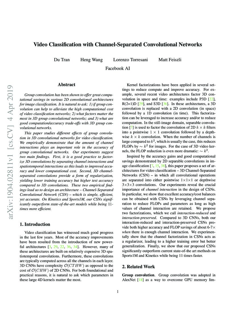 Video Classification with Channel-Separated Convolutional Networks | DeepAI