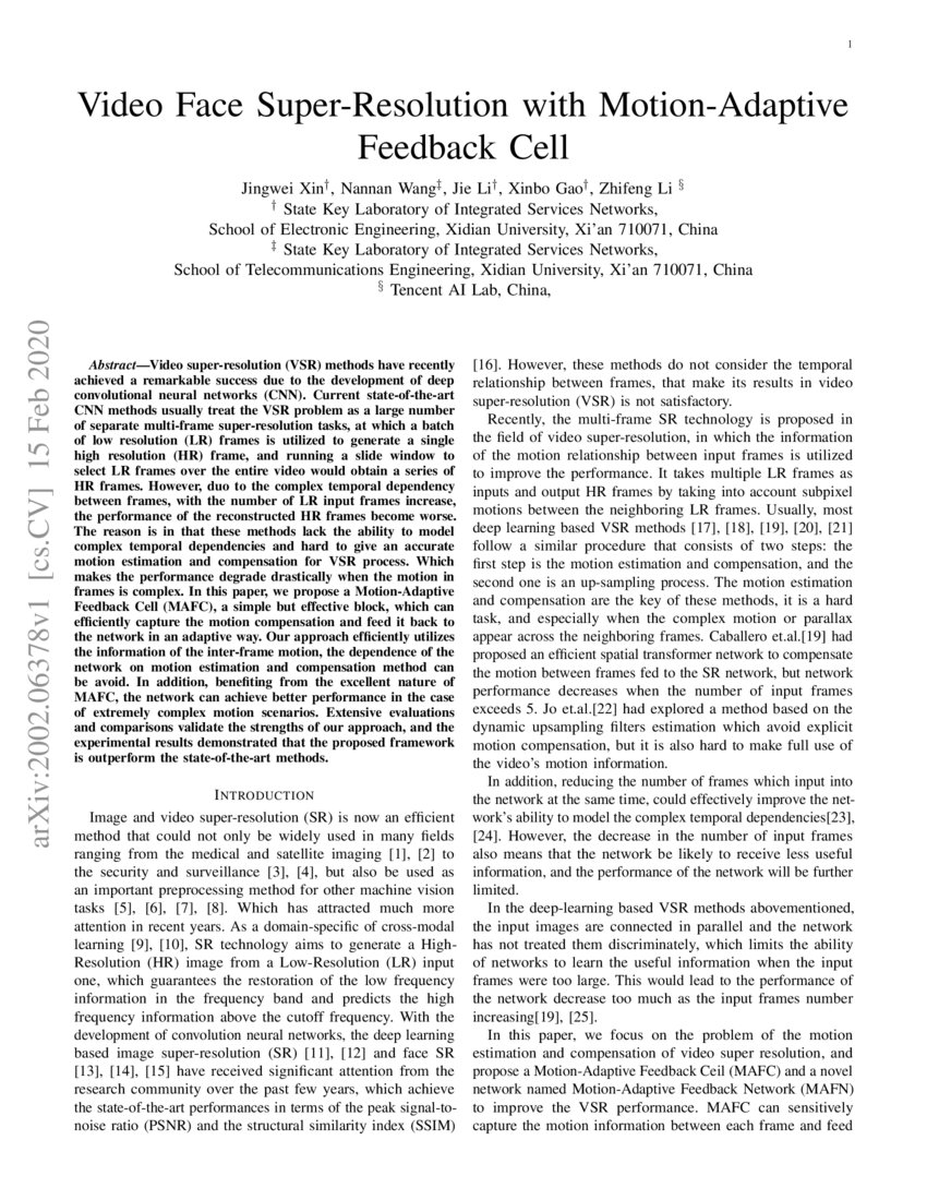 Video Face Super-Resolution with Motion-Adaptive Feedback Cell | DeepAI