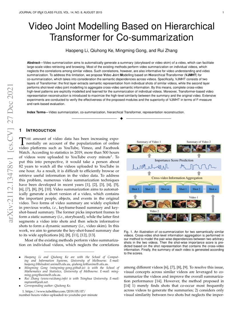 Video Joint Modelling Based on Hierarchical Transformer for Co-summarization | DeepAI
