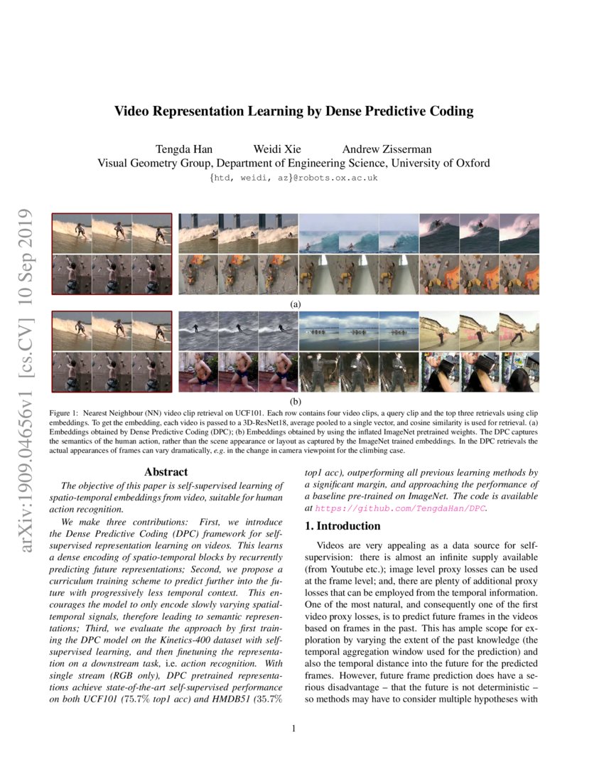 Video Representation Learning by Dense Predictive Coding | DeepAI