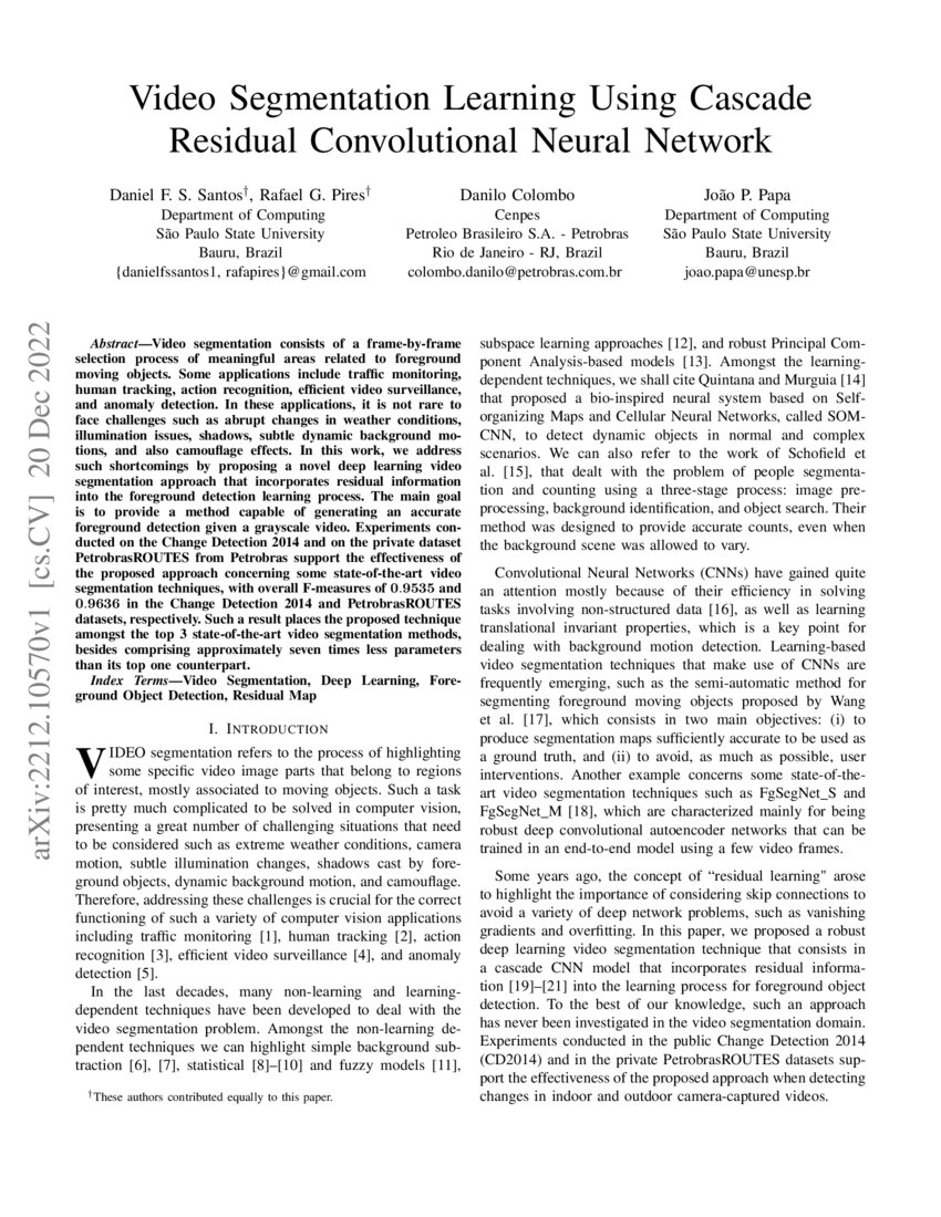 Video Segmentation Learning Using Cascade Residual Convolutional Neural Network | DeepAI