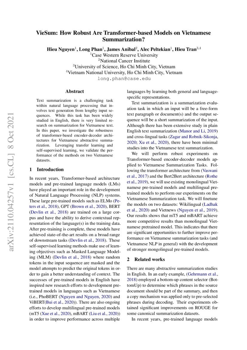 Viesum How Robust Are Transformer Based Models On Vietnamese Summarization Deepai