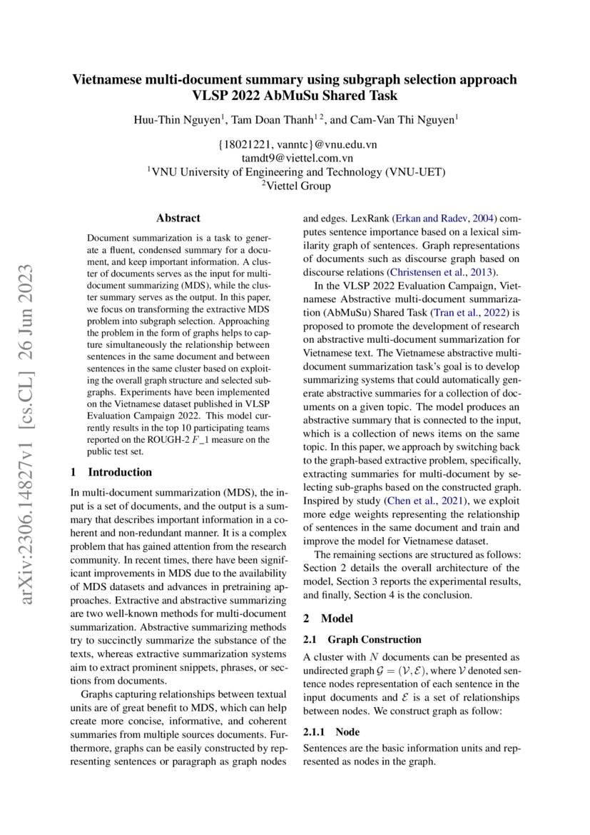 Vietnamese Multi Document Summary Using Subgraph Selection Approach Vlsp 2022 Abmusu Shared