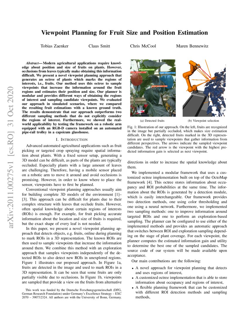 Viewpoint Planning for Fruit Size and Position Estimation | DeepAI
