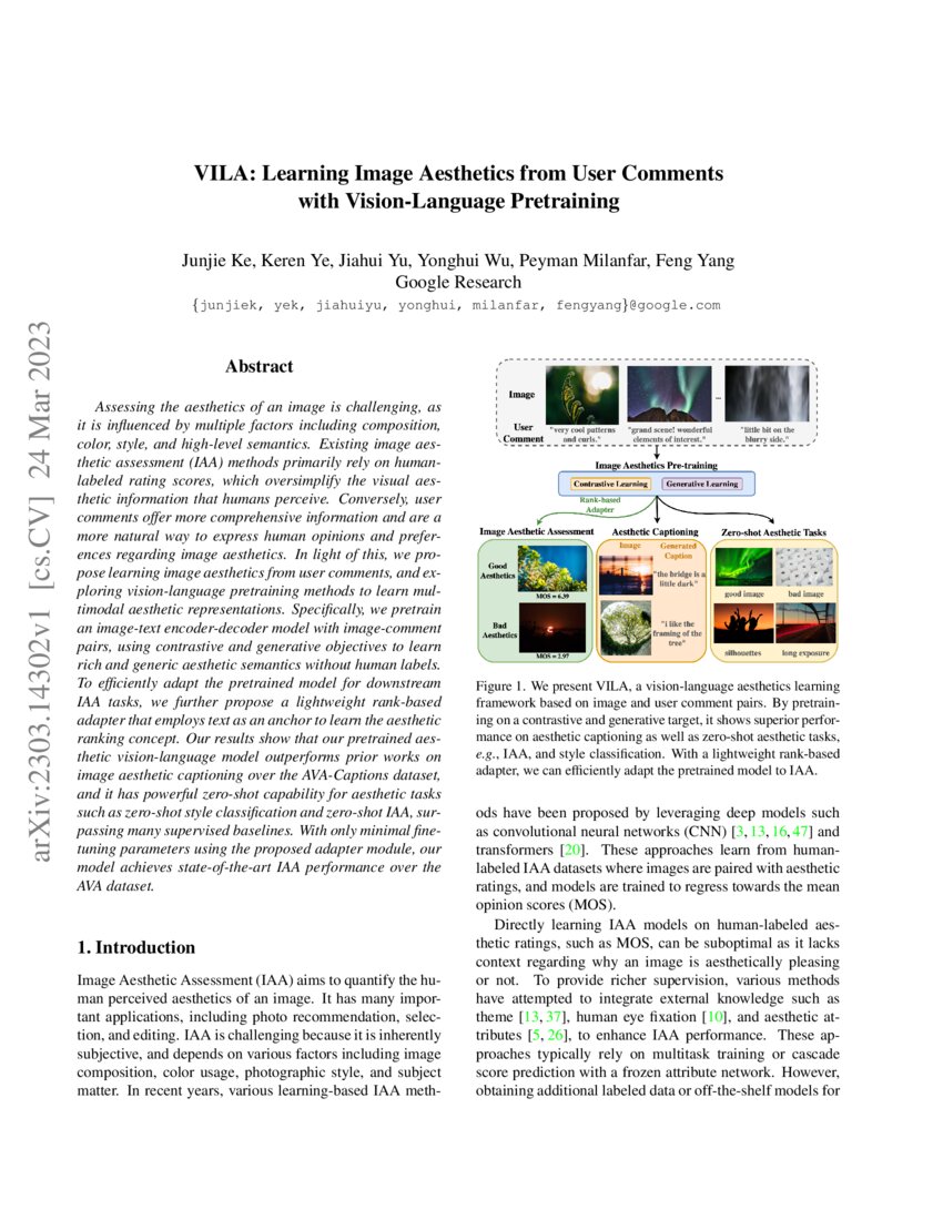 VILA: Learning Image Aesthetics from User Comments with Vision-Language Pretraining | DeepAI