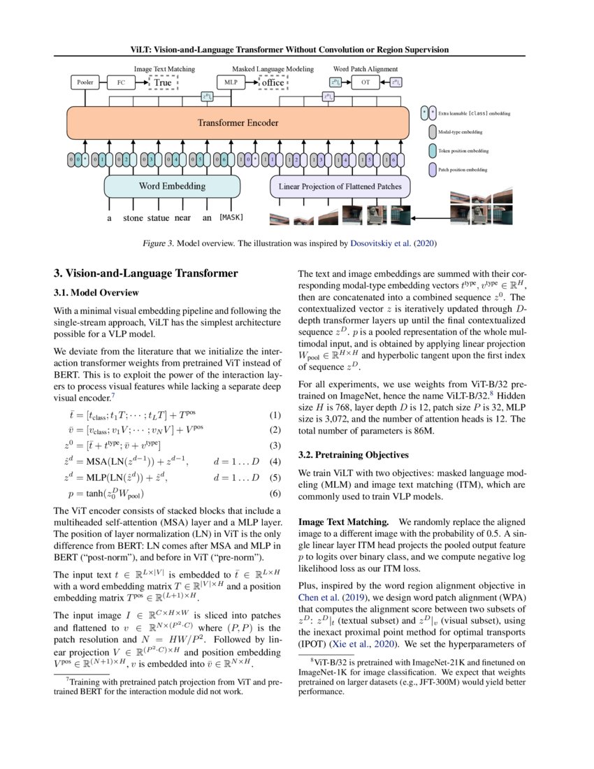 ViLT: Vision-and-Language Transformer Without Convolution or Region Supervision | DeepAI