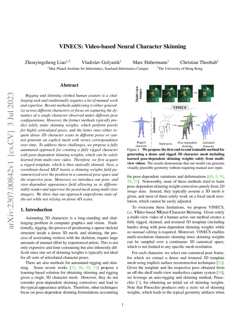 VINECS: Video-based Neural Character Skinning | DeepAI