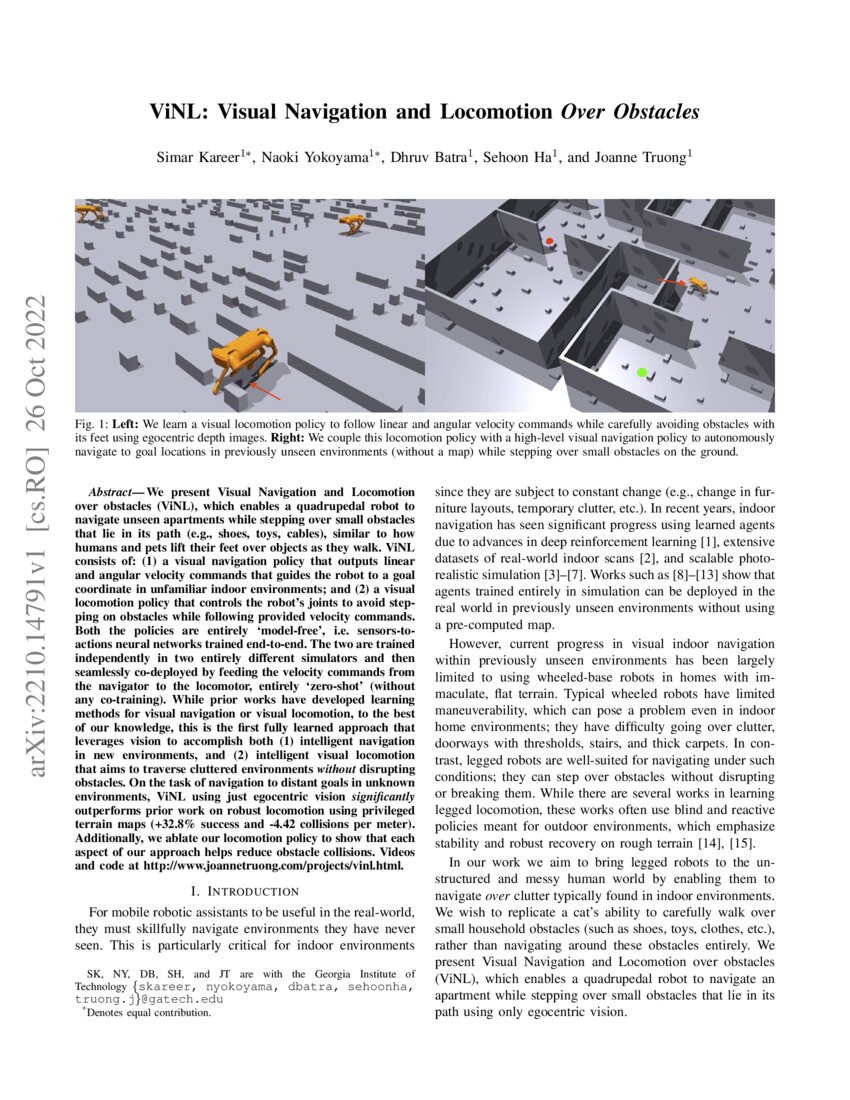 ViNL: Visual Navigation and Locomotion Over Obstacles | DeepAI