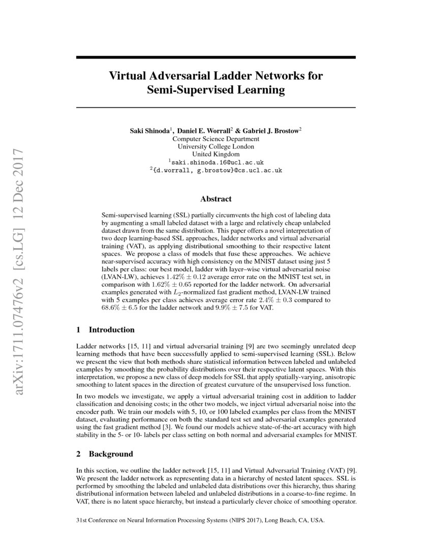 Virtual Adversarial Ladder Networks For Semi-supervised Learning | DeepAI