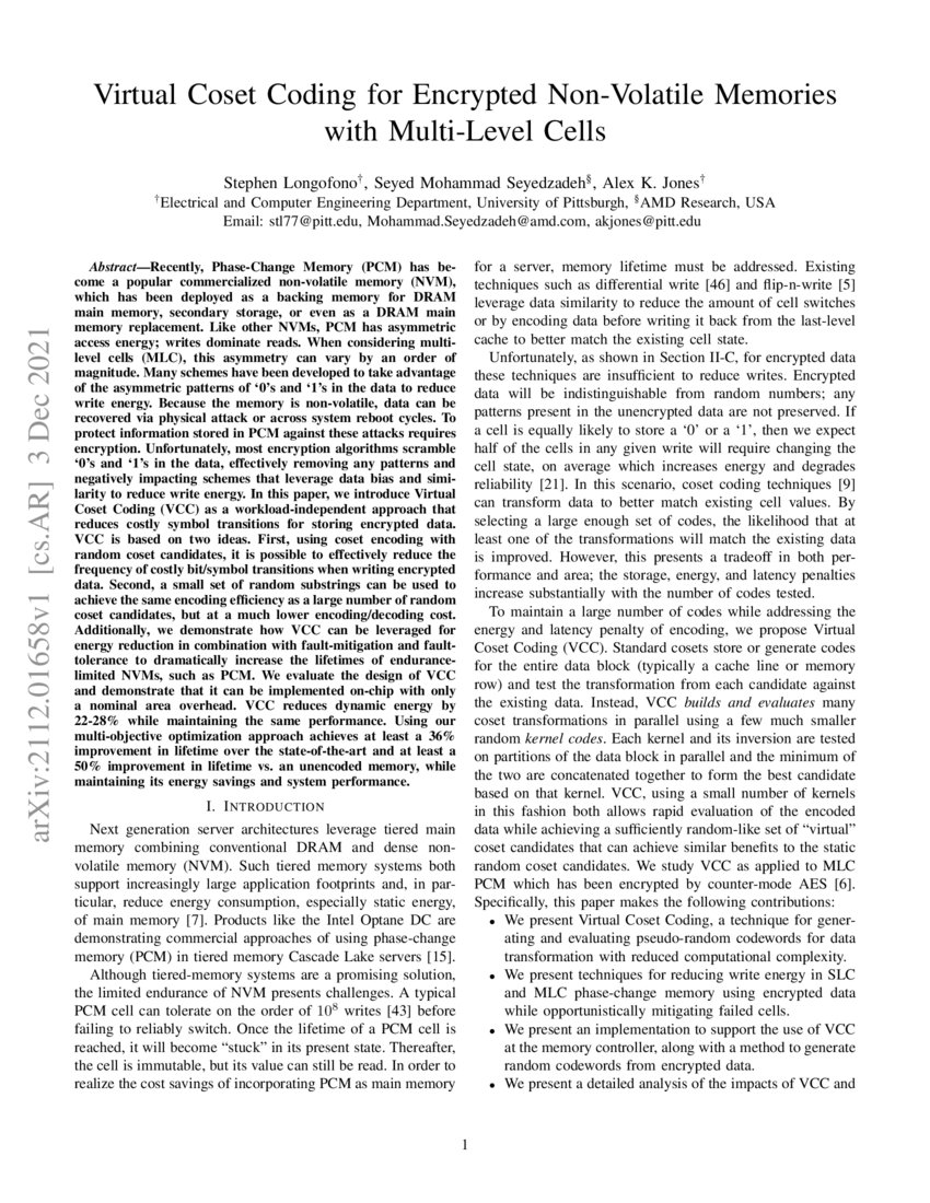 Virtual Coset Coding For Encrypted Non Volatile Memories With Multi Level Cells Deepai