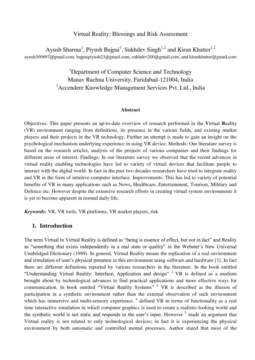 Virtual Reality: Blessings and Risk Assessment | DeepAI