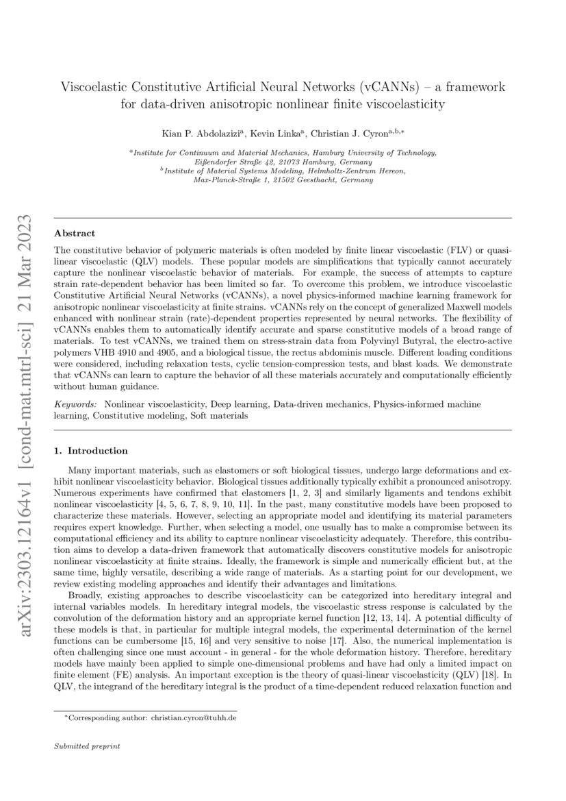 Viscoelastic Constitutive Artificial Neural Networks (vCANNs) - a framework for data-driven ...