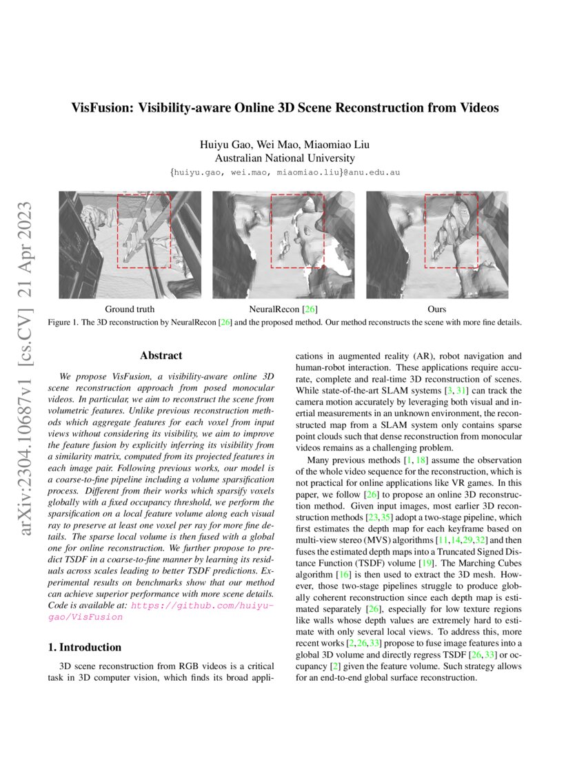 VisFusion: Visibility-aware Online 3D Scene Reconstruction from Videos | DeepAI