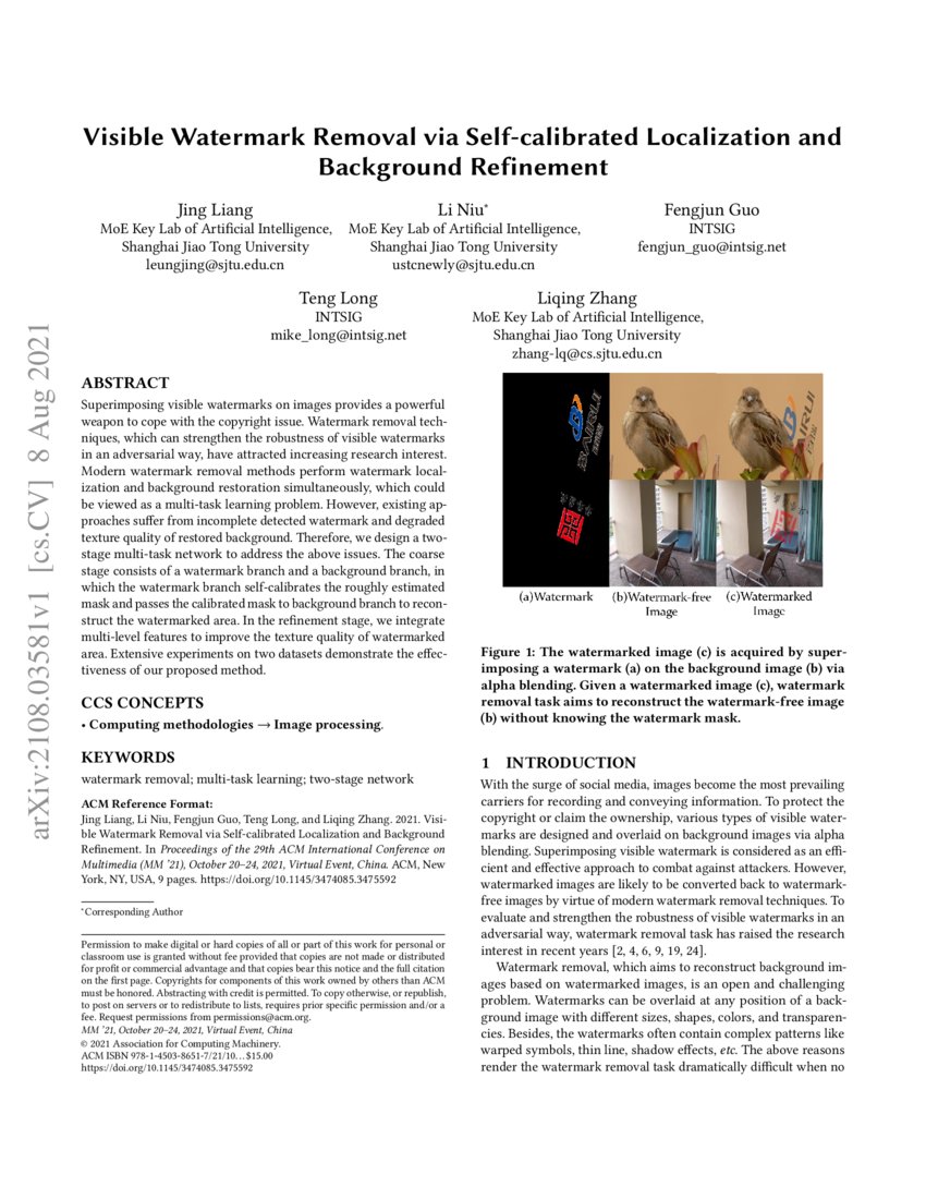 Visible Watermark Removal via Self-calibrated Localization and ...