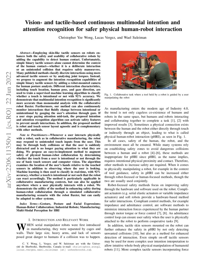 Vision And Tactile Based Continuous Multimodal Intention And Attention Recognition For Safer