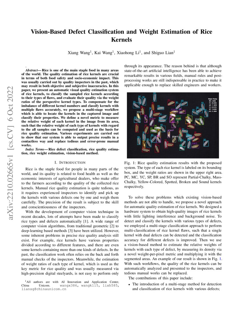 Vision Based Defect Classification And Weight Estimation Of Rice Kernels Deepai