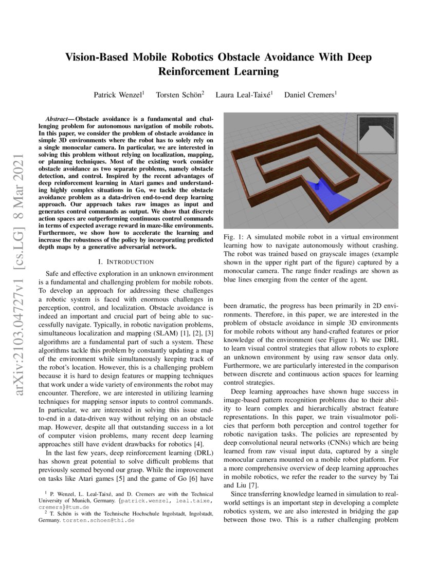 Vision Based Mobile Robotics Obstacle Avoidance With Deep Reinforcement Learning Deepai