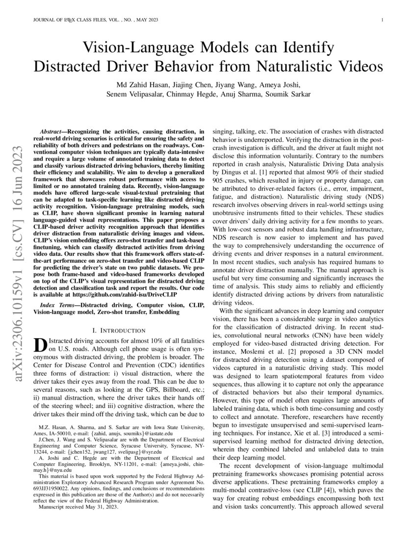 Vision-Language Models can Identify Distracted Driver Behavior from Naturalistic Videos | DeepAI