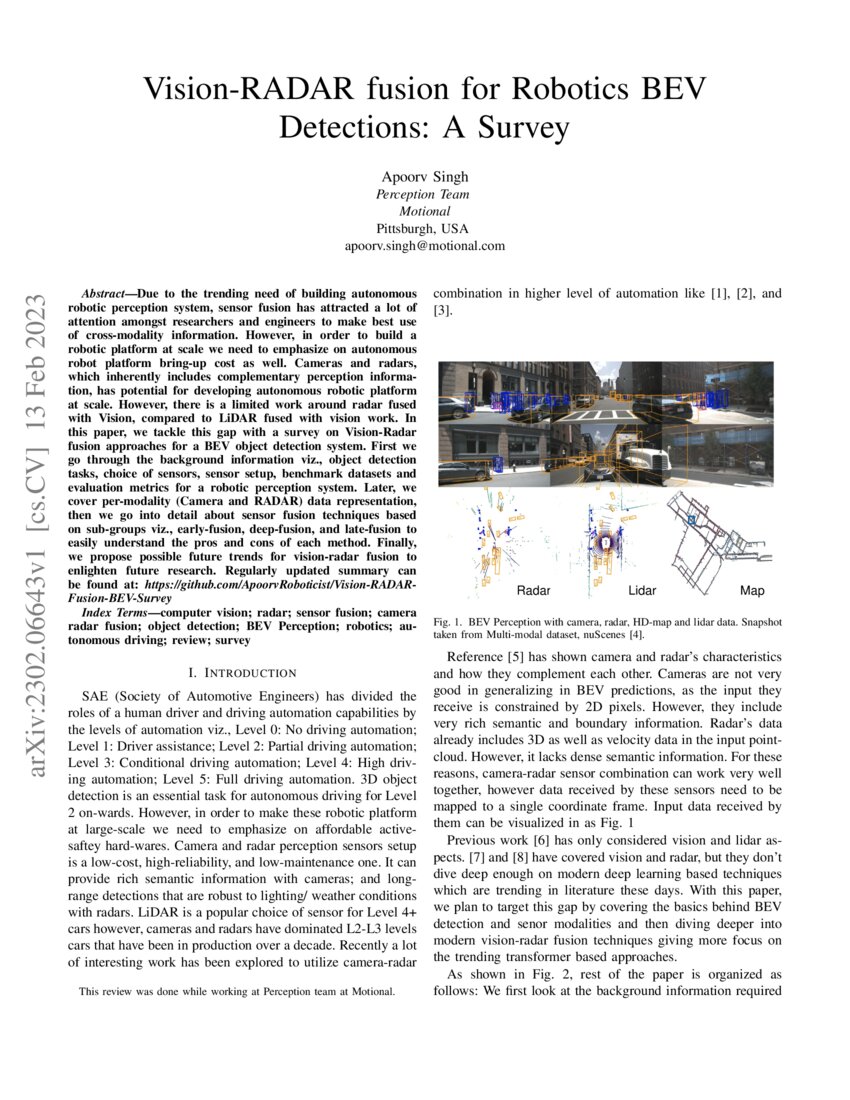 Vision-RADAR fusion for Robotics BEV Detections: A Survey | DeepAI