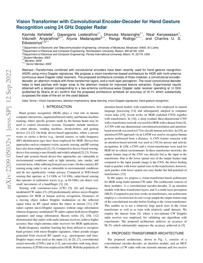 Vision Transformer With Convolutional Encoder Decoder For Hand Gesture Recognition Using 24 Ghz 