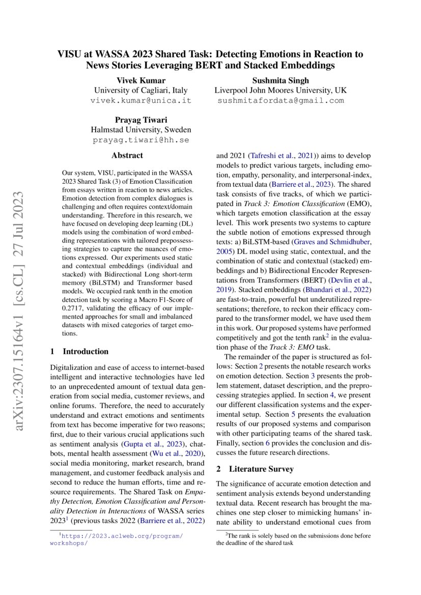 VISU at WASSA 2023 Shared Task: Detecting Emotions in Reaction to News Stories Leveraging BERT ...